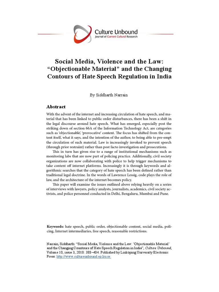 Social Media Violence and The Law Objectionable M PDF | PDF | Hate ...