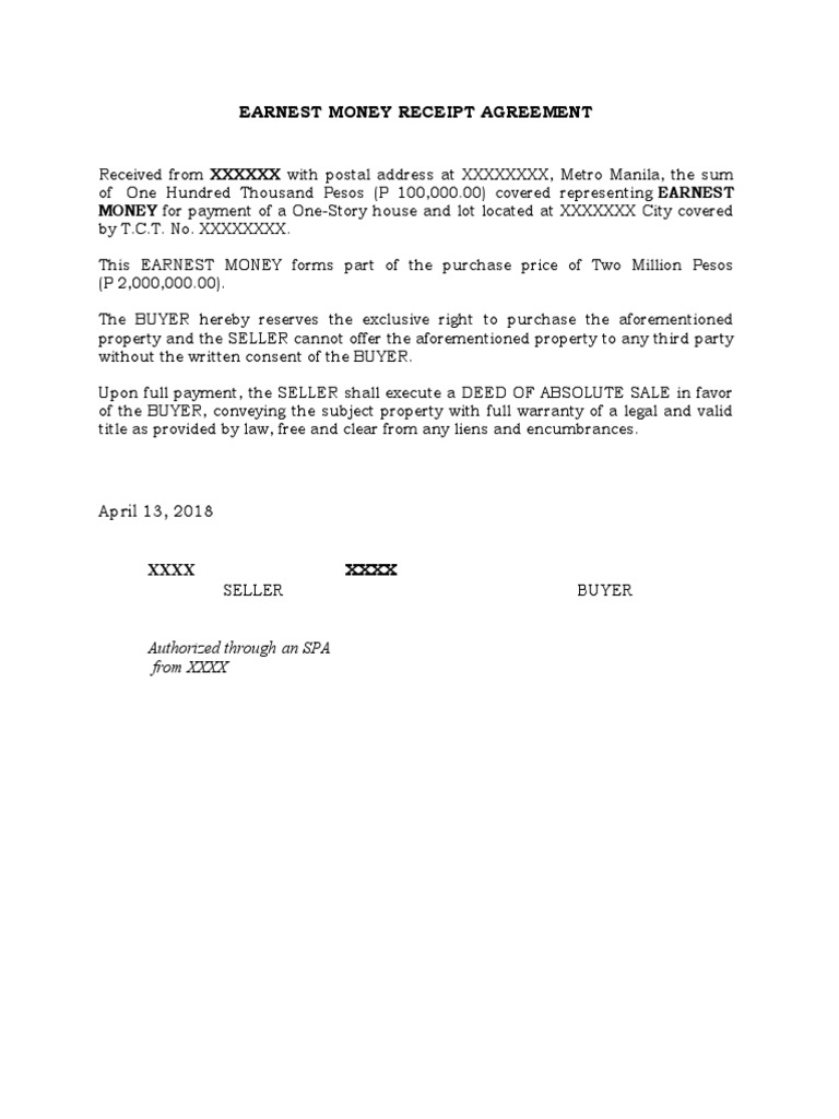 Earnest Money Receipt Agreement | PDF