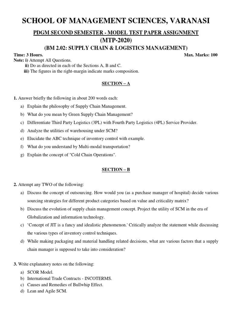 SCM management paper questions on logistics, inventory, outsourcing ...