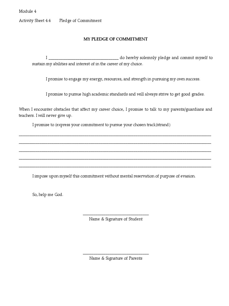Module 4 Activity Sheet No. 4.4 My Pledge of Commitment | PDF | Career ...