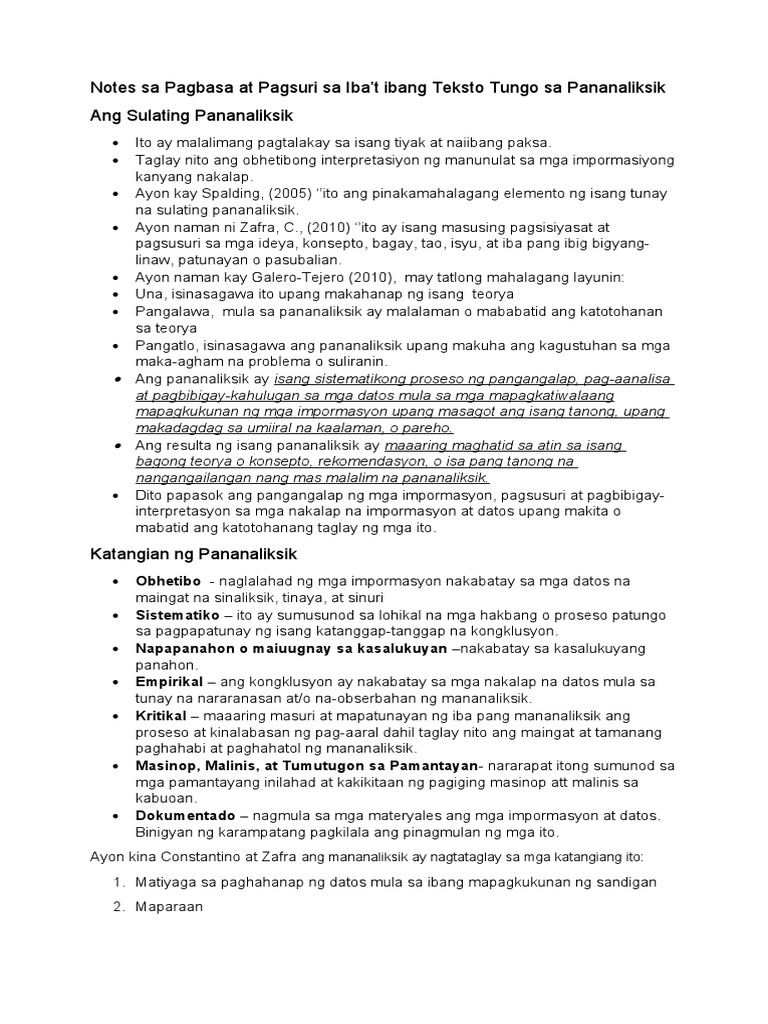 Notes Sa Pagbasa at Pagsuri Sa Iba | PDF