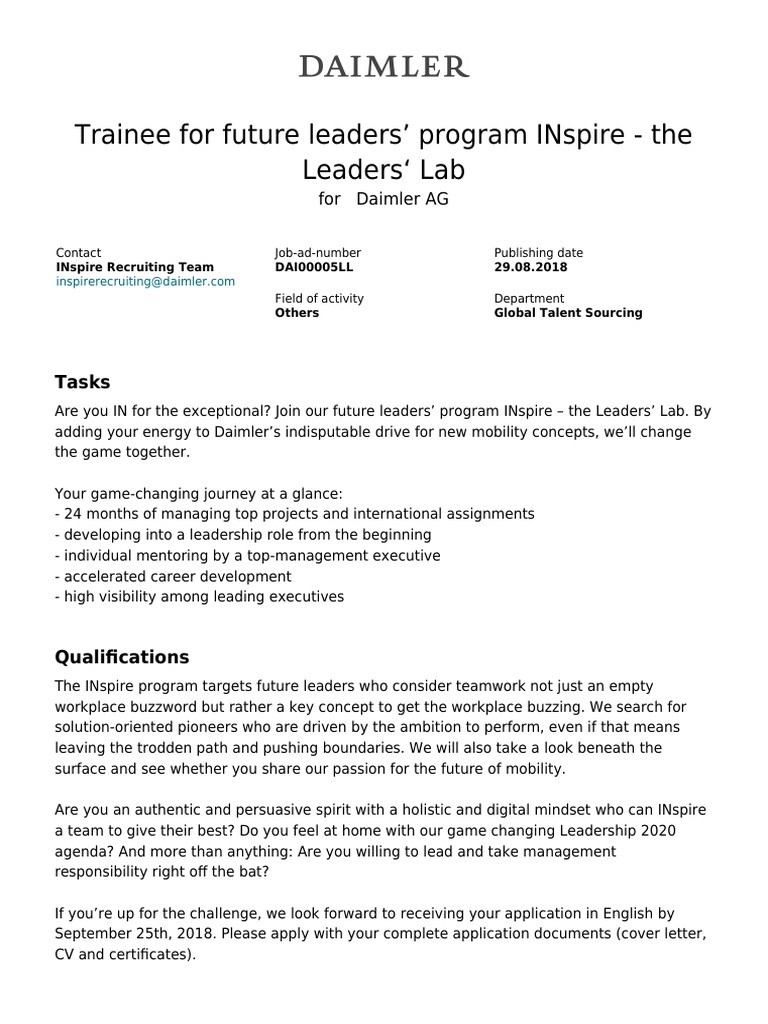 Trainee For Future Leaders' Program Inspire - The Leaders Lab | PDF ...
