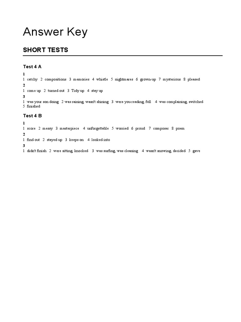 Answer Key: Short Tests | PDF | Cooking, Food & Wine