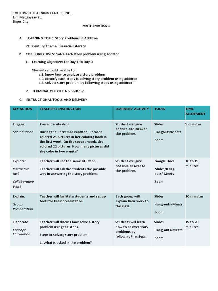 Story Problems in Addition Lesson | PDF | Teaching | Behavior Modification