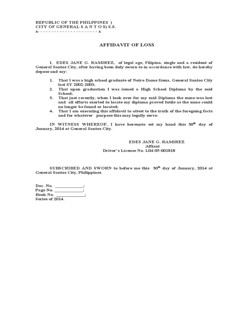 Affidavit of Loss for High School Diploma | PDF | Politics | Social Science