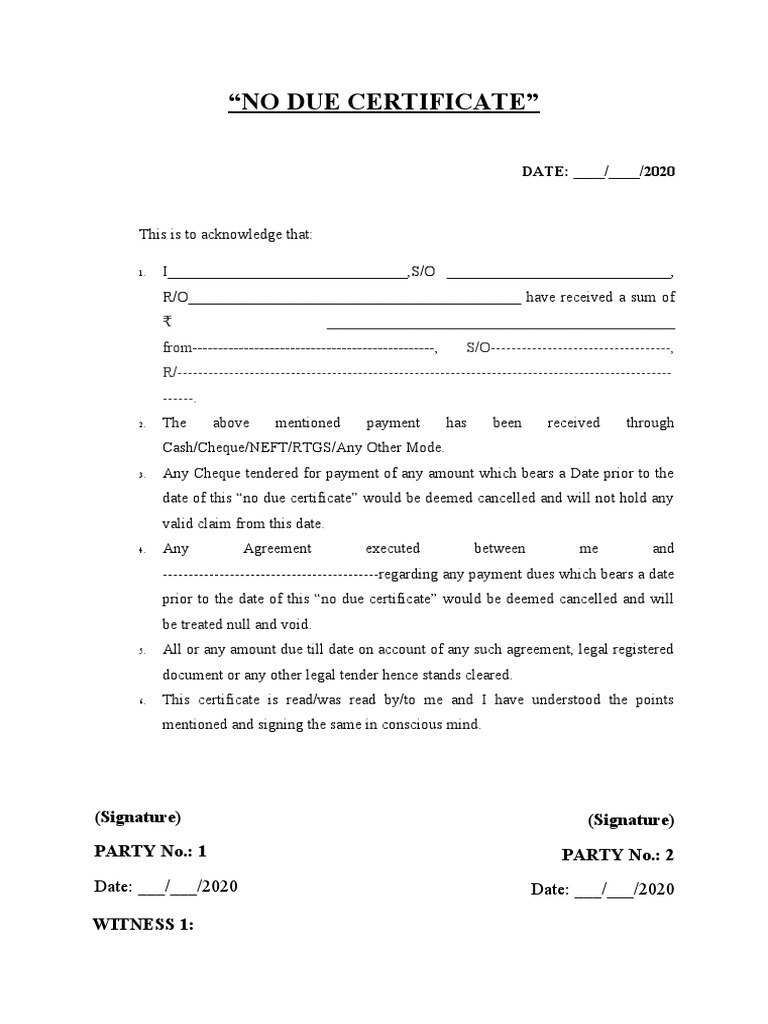 "No Due Certificate": (Signature) PARTY No.: 2 (Signature) PARTY No.: 1 ...