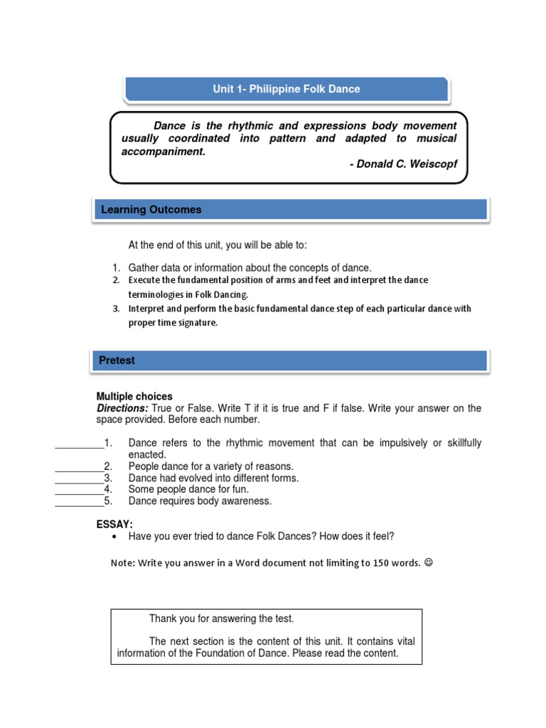 Unit 1 - Philippine Folk Dance | PDF | Dances | Foot