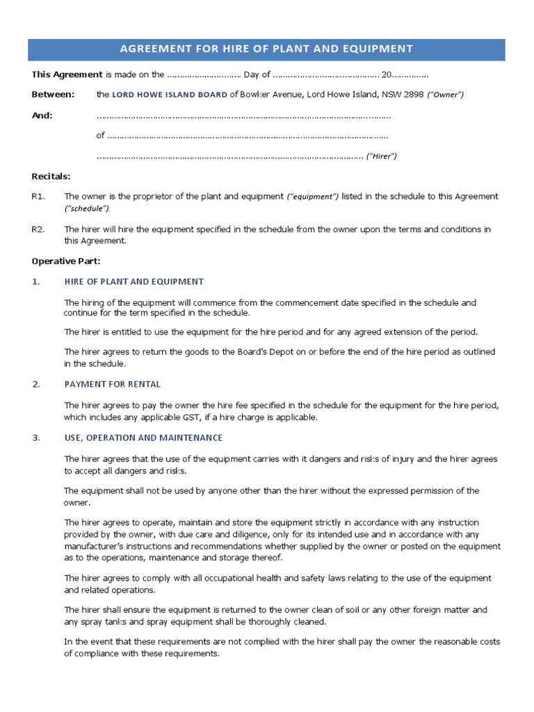Plant Hire Agreement Template | PDF | Indemnity | Liability Insurance
