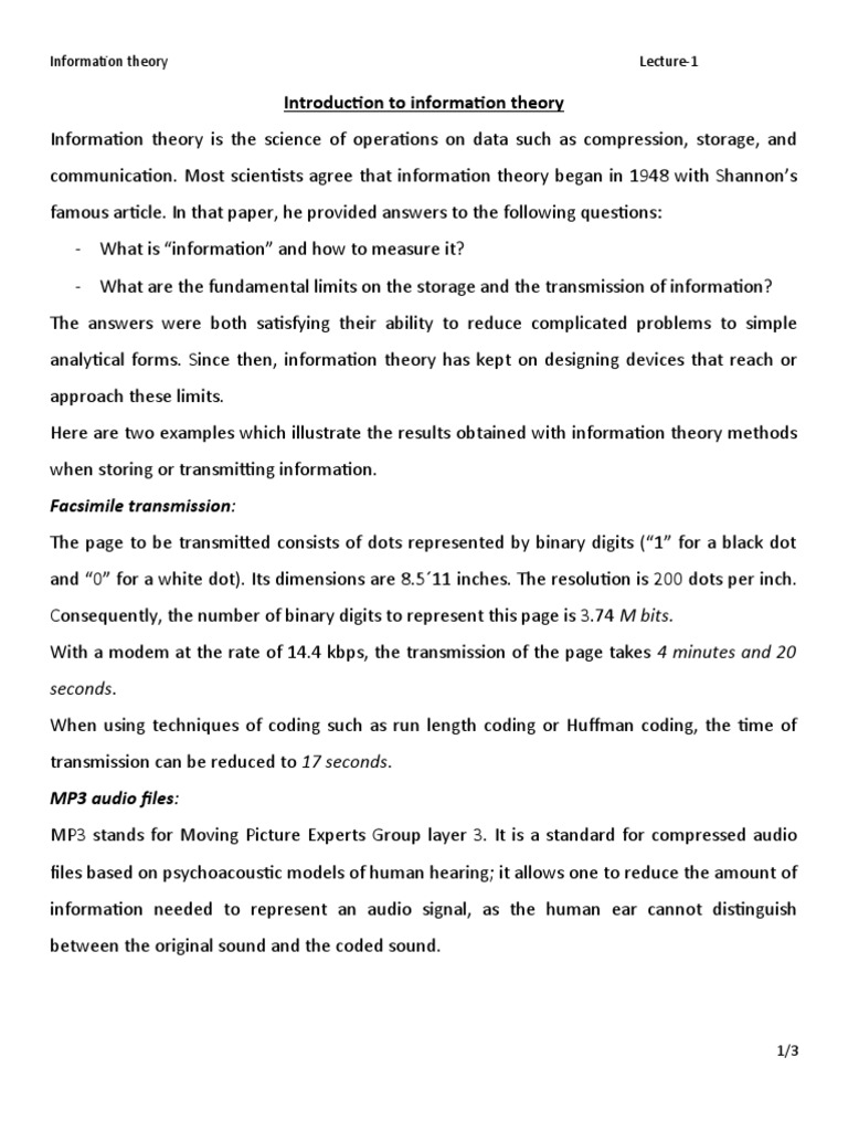 Introduction To Information Theory: Facsimile Transmission | PDF | Data Compression | Mp3
