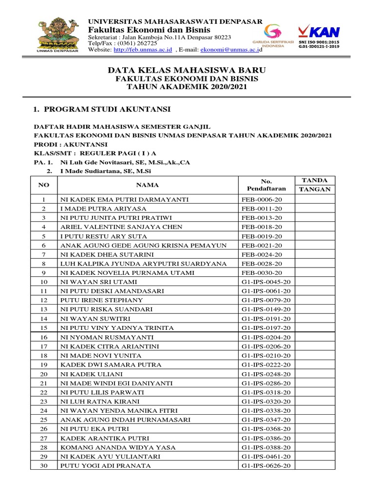 Daftar Kelas Maba 2020 PDF | PDF