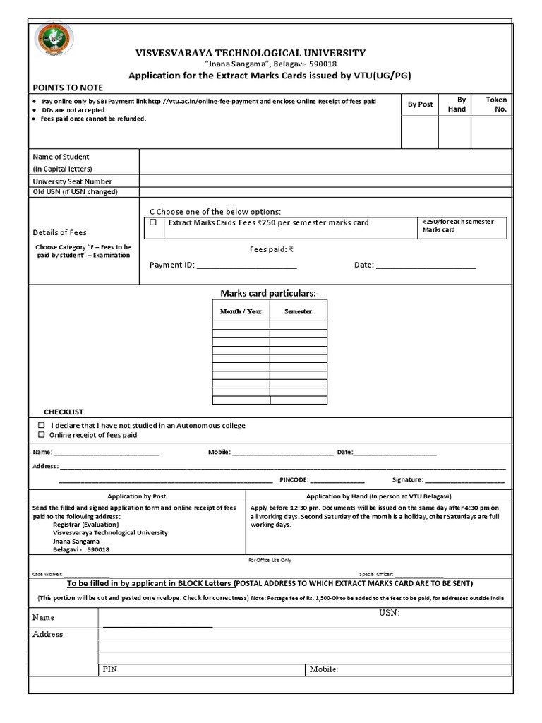 Visvesvaraya Technological University Application For The Extract Marks Cards Issued by VTU (UG ...