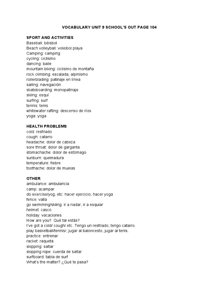 Vocabulary Unit 9 School's Out | PDF