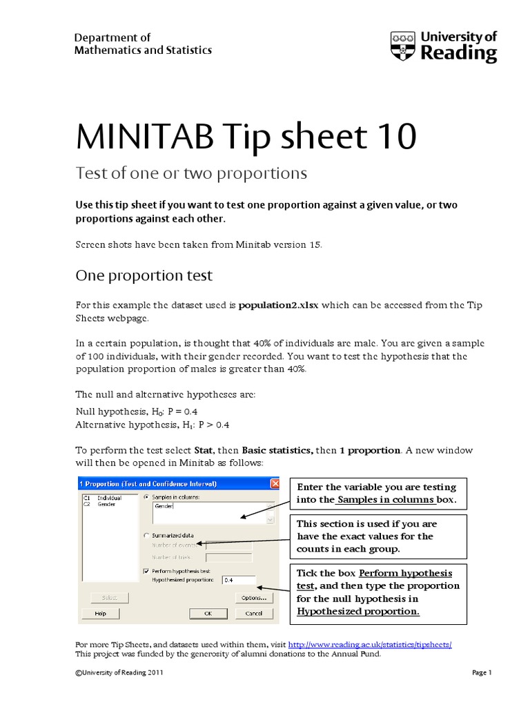 MINITAB Tip Sheet 10 | PDF | P Value | Confidence Interval