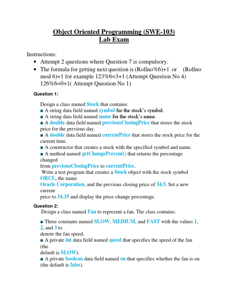 Object Oriented Programming (Swe-103) Lab Exam: Stock Symbol Name Double Previousclosingprice ...
