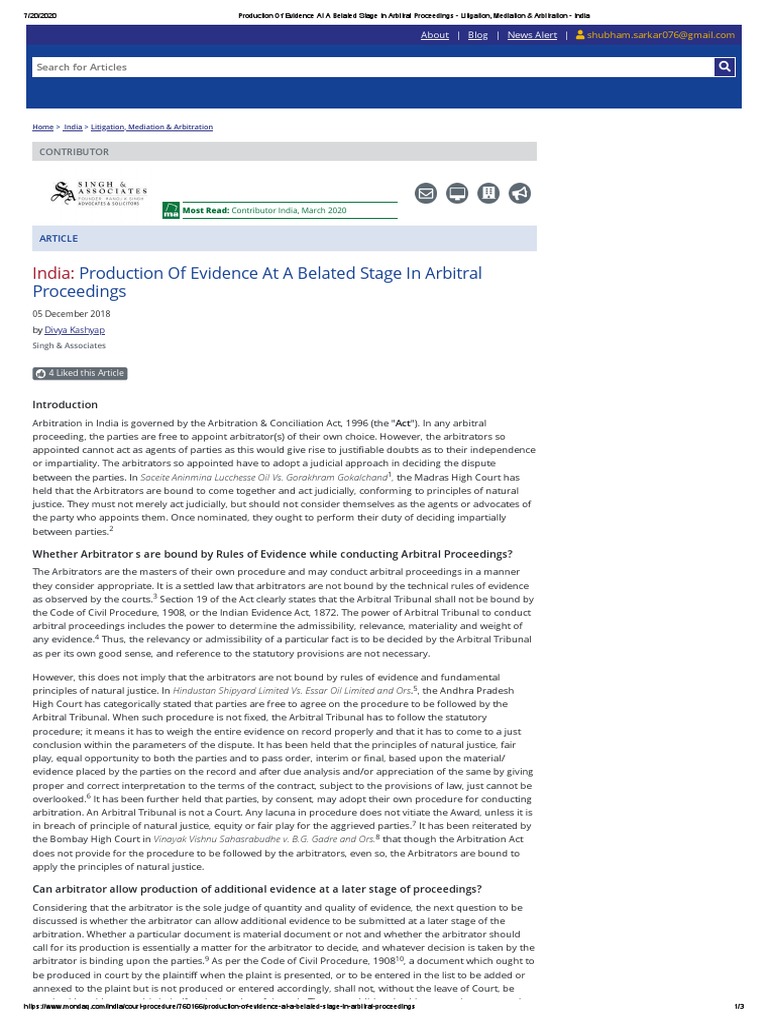 Evidence Production in Arbitration Stages | PDF | Arbitral Tribunal ...