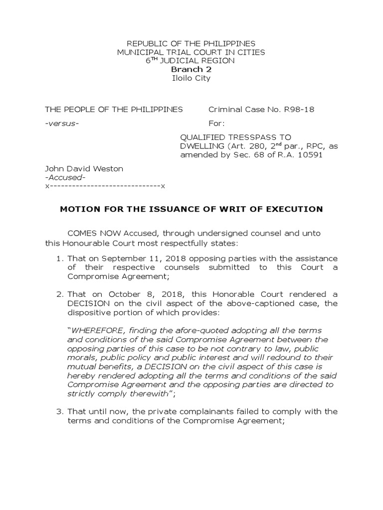 Motion For Writ of Execution | PDF | Separation Of Powers | Justice