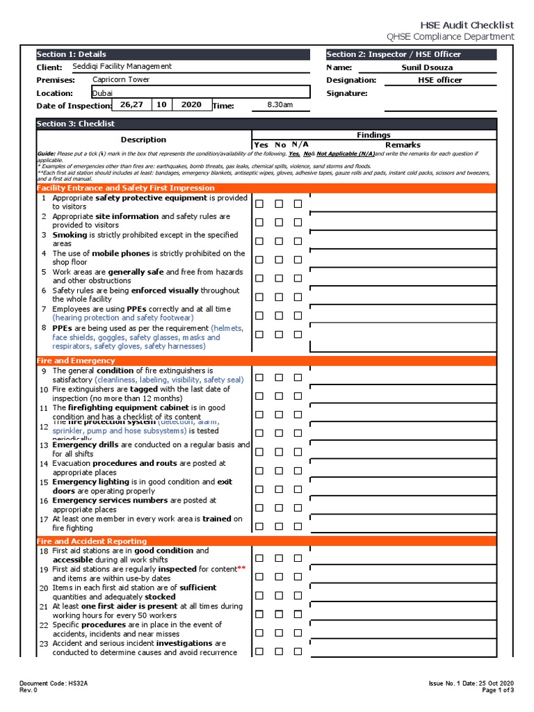 HSE Audit Checklist for Facility Safety | PDF | Personal Protective ...