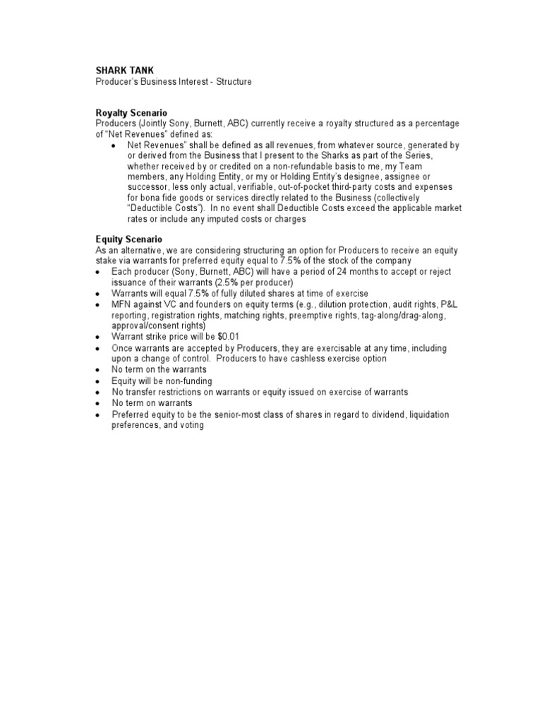 Shark Tank Producer Royalties & Equity | PDF