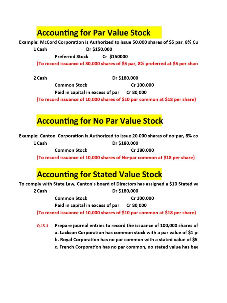 Account for Par, No Par and Stated Value Stock | PDF | Preferred Stock ...