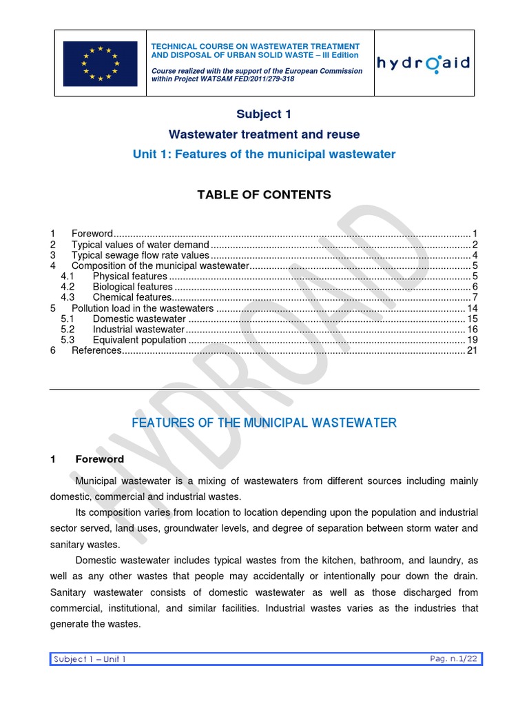 Unit 1: Features of The Municipal Wastewater: Subject 1 Wastewater ...