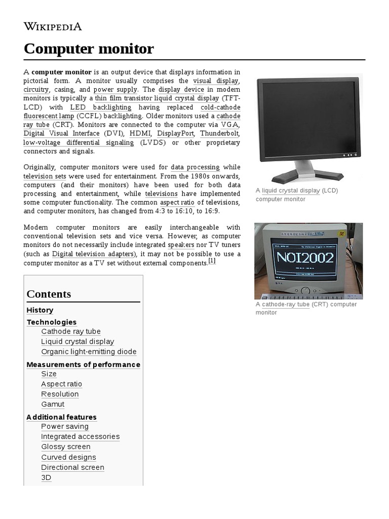 Computer Monitor: History Technologies | PDF | Computer Monitor ...