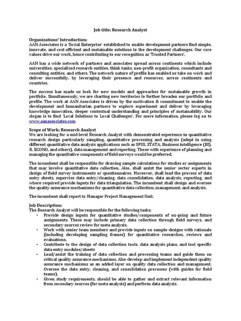 Advert For Research Analyst | PDF | Data | Data Analysis