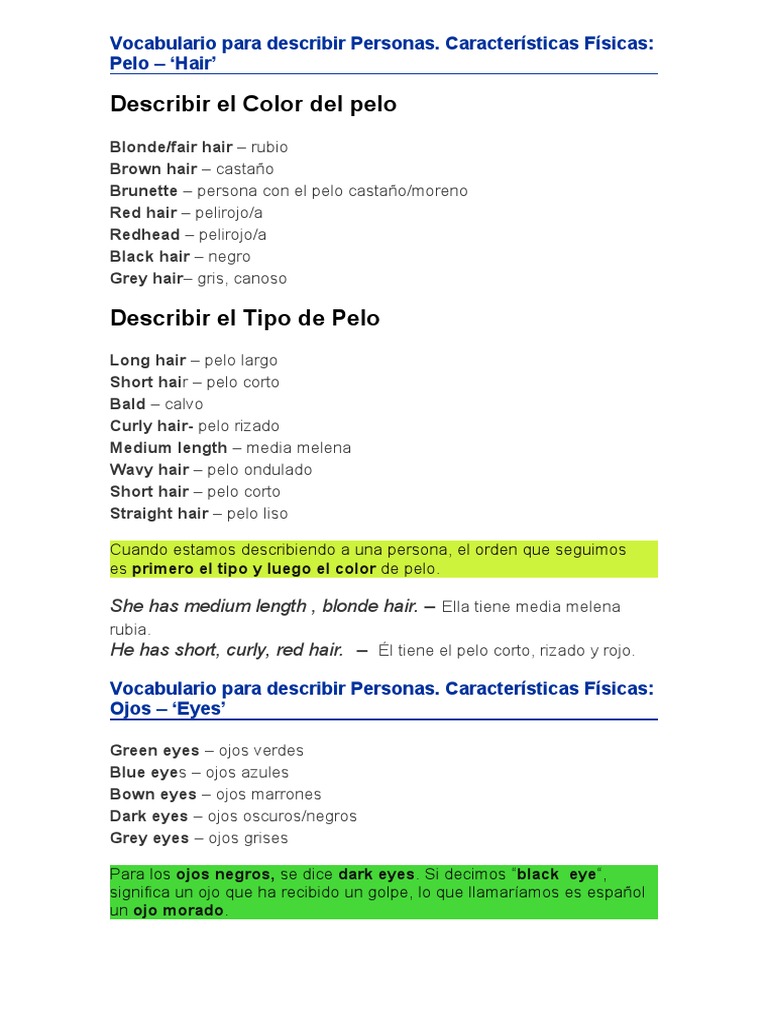 Vocabulario para Describir Personas | PDF | Antropologia Biologica ...