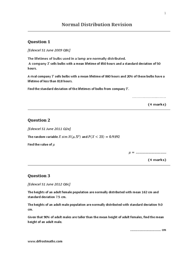 Normal Distribution Revision With Answers | PDF | Standard Deviation ...