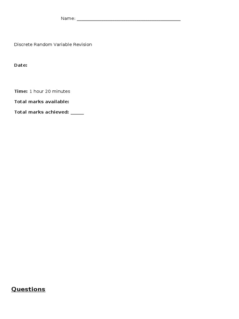 Discrete RV Revision With Answers | PDF | Probability Distribution ...