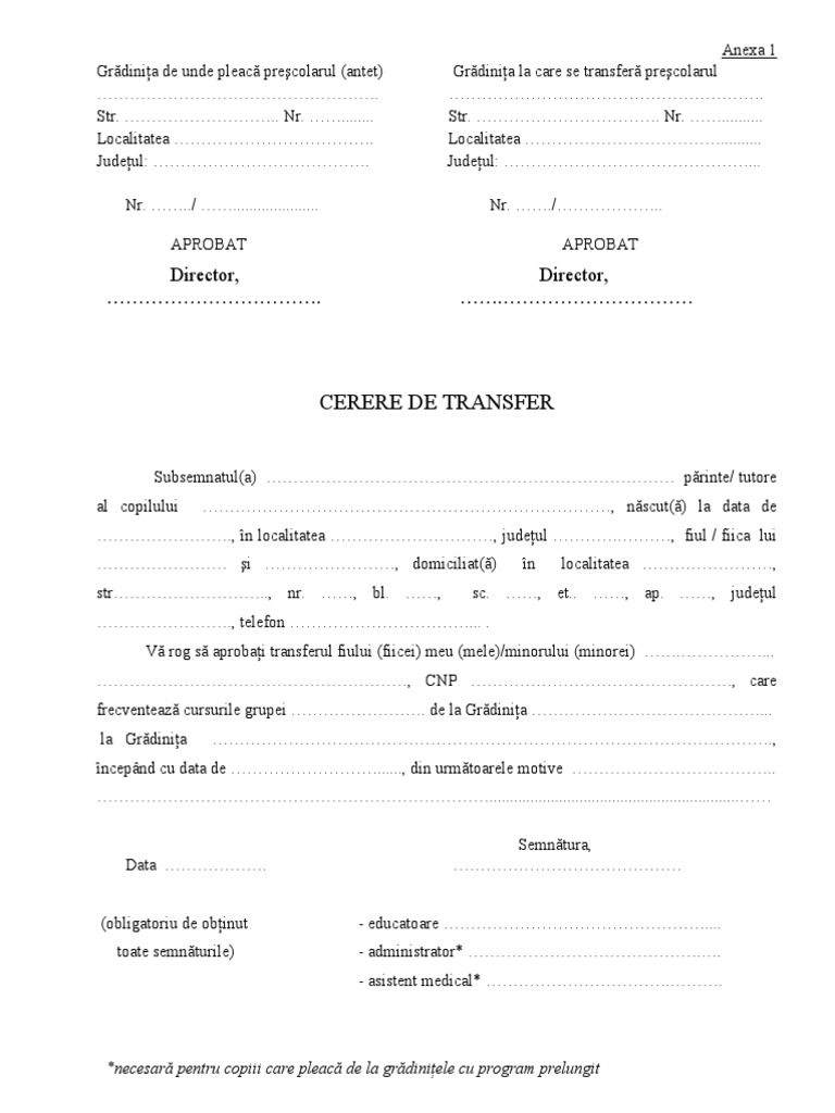 Cerere Transfer Prescolari PDF | PDF
