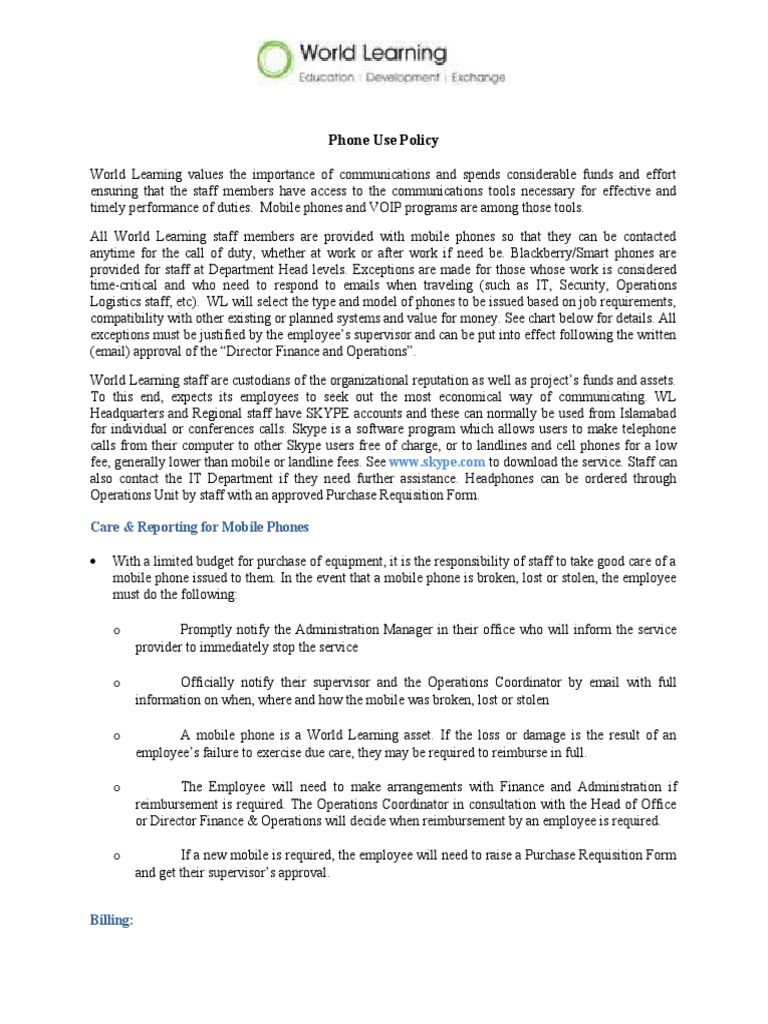 Phone Use Policy: Care & Reporting For Mobile Phones | PDF | Mobile ...