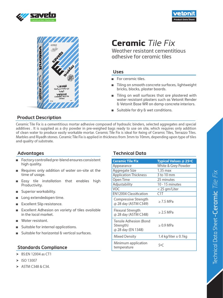 Saveto Ceramic Tile Fix Data Sheet | PDF | Tile | Plaster