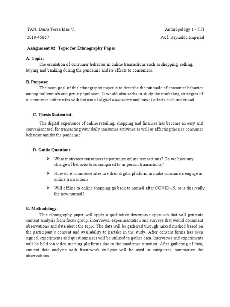 Assignment #2: Topic For Ethnography Paper A. Topic | PDF