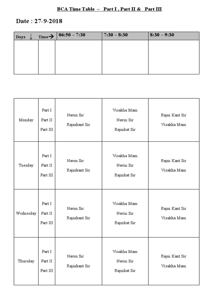 Date: 27-9-2018: BCA Time Table - Part I, Part II & Part III | PDF