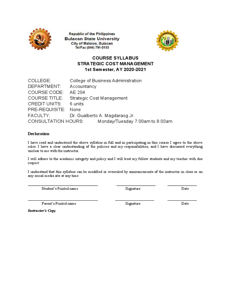 Course Syllabus Strategic Cost Management 1st Semester, AY 2020-2021 | PDF