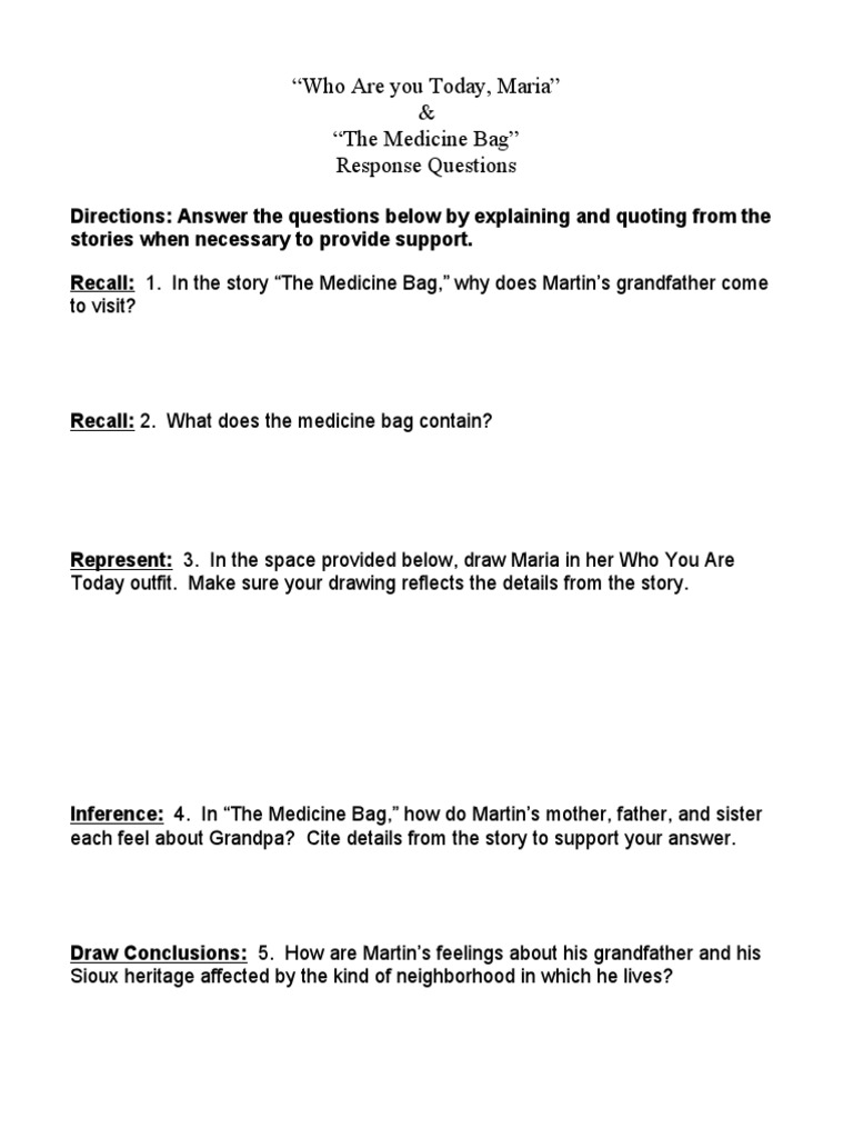 The Medicine Bag and Who Are You Today Maria Response Questions | PDF ...