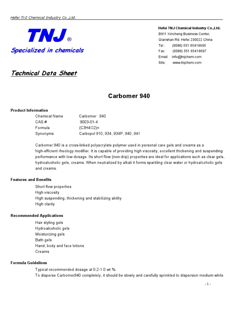 Carbomer 940 Technical Data Sheet | PDF | Gel | Chemistry