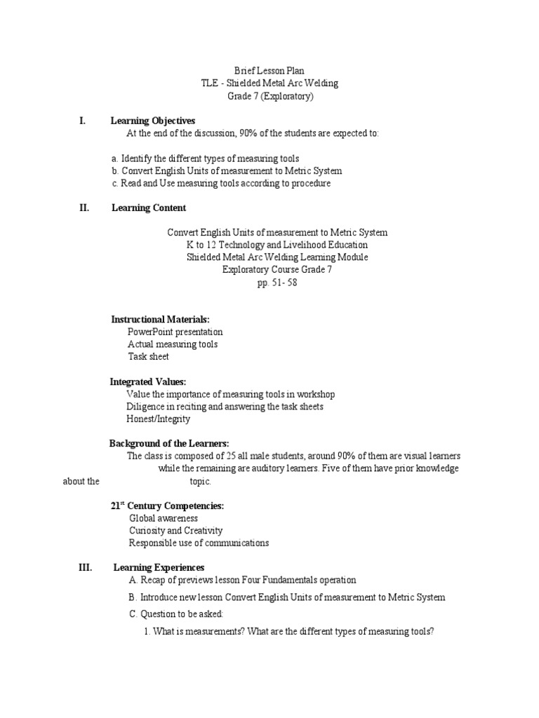 Brief Lesson Plan | PDF | Lesson Plan | Measurement