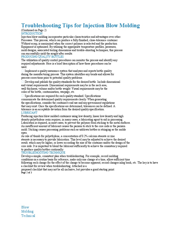 Troubleshooting Tips For Injection Blow Molding | PDF | Plastic ...