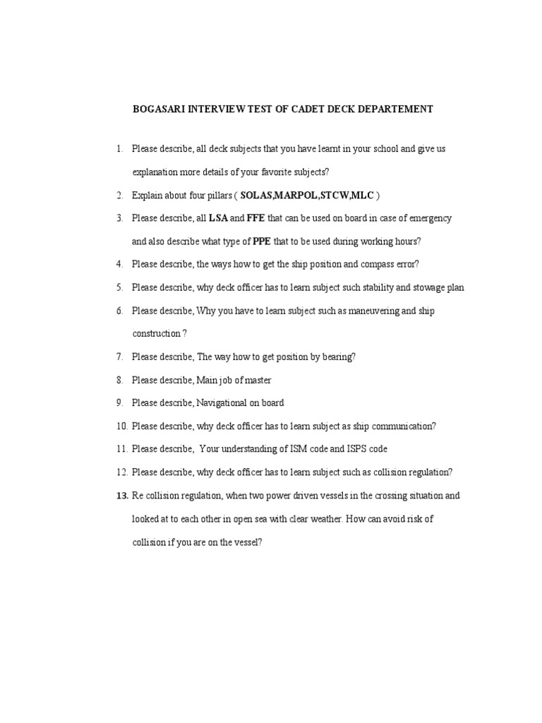 Bogasari Interview Test of Cadet Deck Departement | PDF