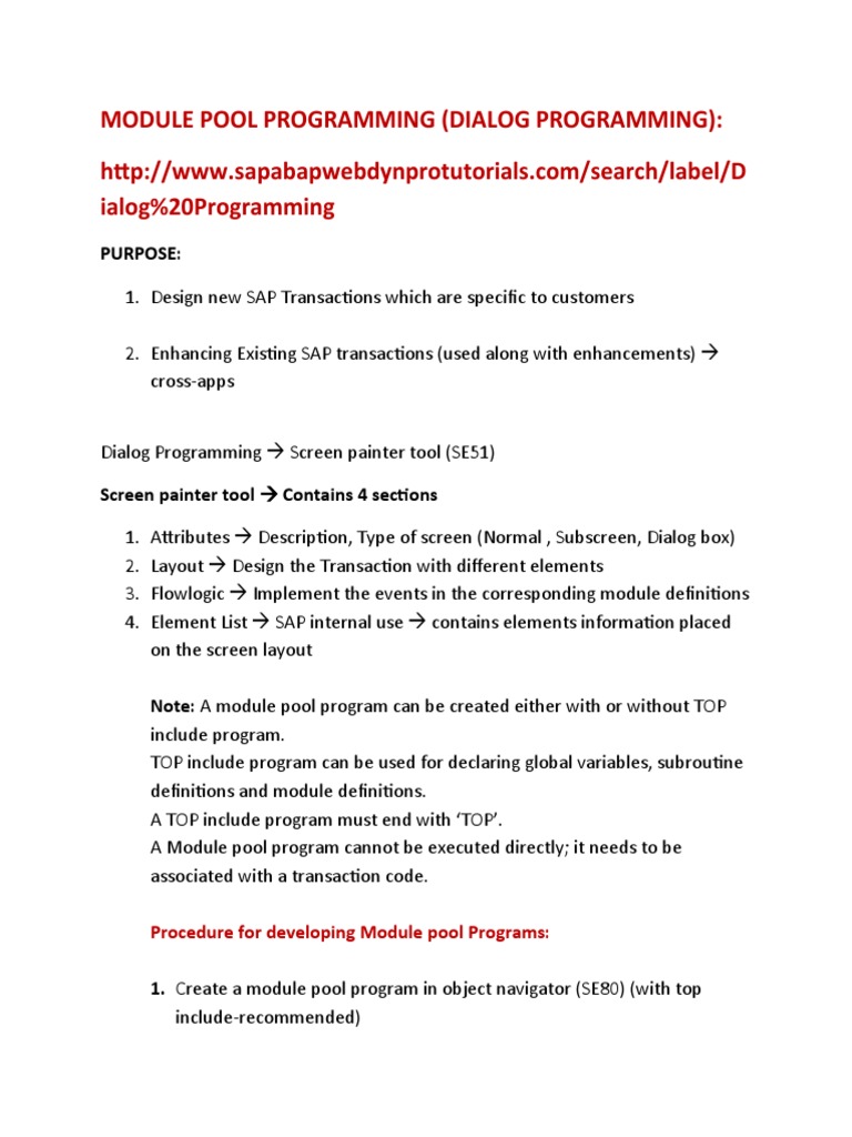 Module Pool Programming Notes | PDF | Subroutine | Computer Program Module Pool Programming Notes | PDF | Subroutine | Computer Program