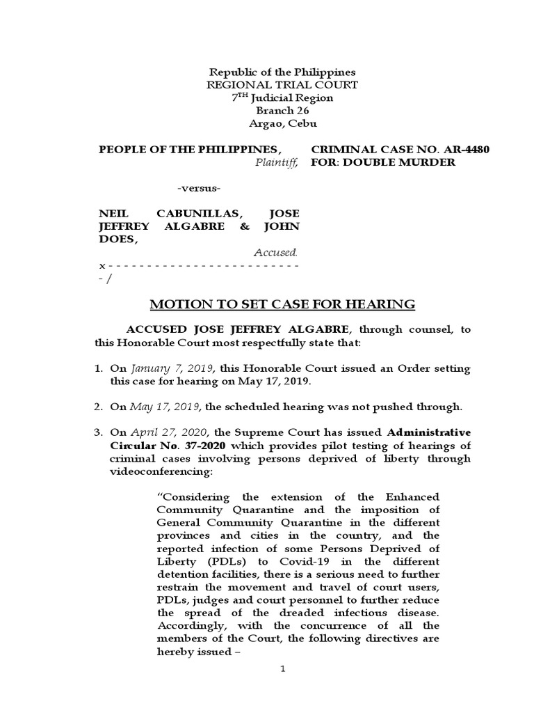 Motion To Set Case Hearing | PDF | Arraignment | Bail