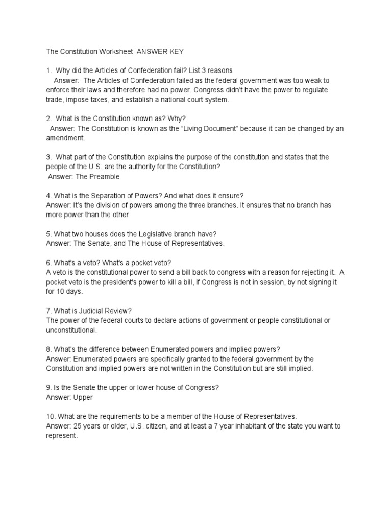 The Constitution Worksheet ANSWER KEY | PDF