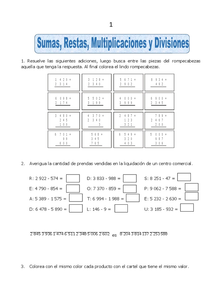 Ejercicios de operaciones básicas 4to grado | PDF