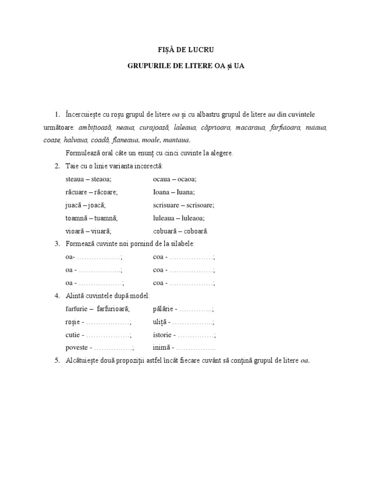 Fisa de Lucru - Grupurile de Litere Oa Si Ua | PDF