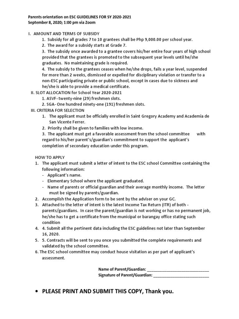 ESC Subsidy Guidelines for 2020-2021 | PDF | Government | Social ...