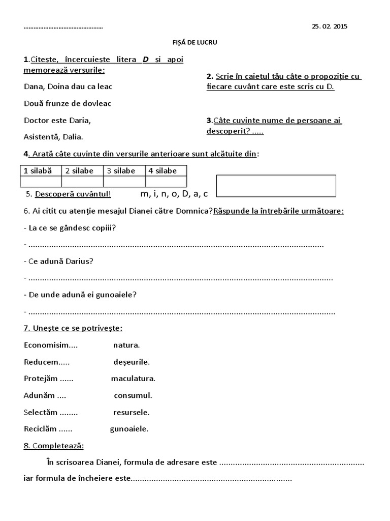 CLR Fisa de Lucru Litera D Clasa I | PDF