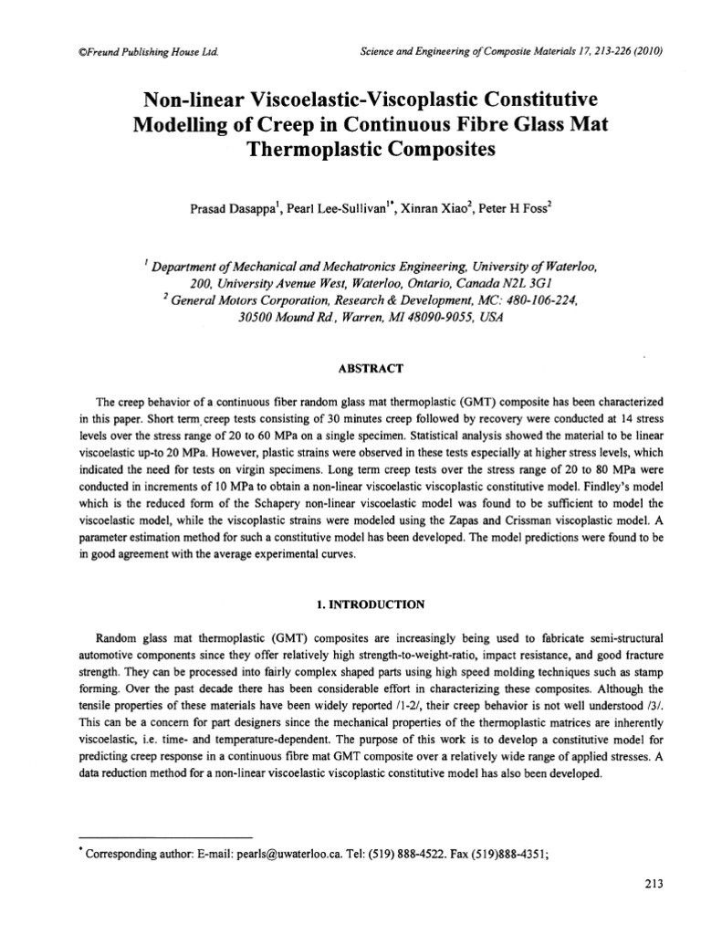 Non-Linear Viscoelastic-Viscoplastic Constitutive Modelling of Creep in Continuous Fibre Glass ...