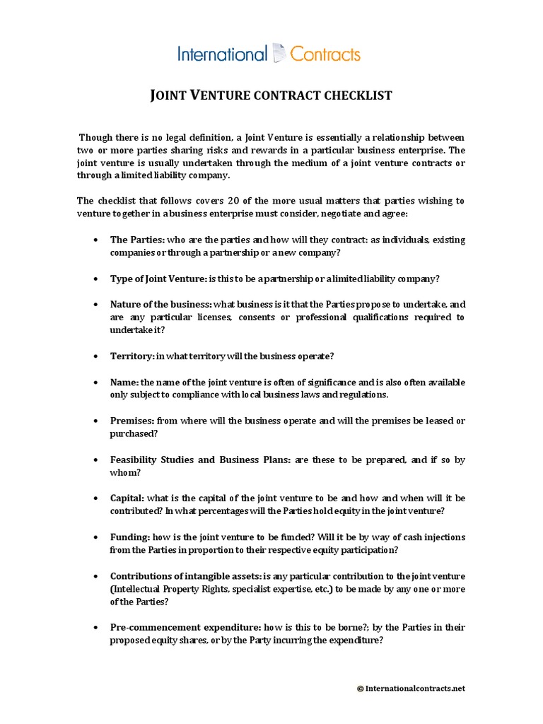 Oint Enture Contract Checklist Pdf Joint Venture Partnership
