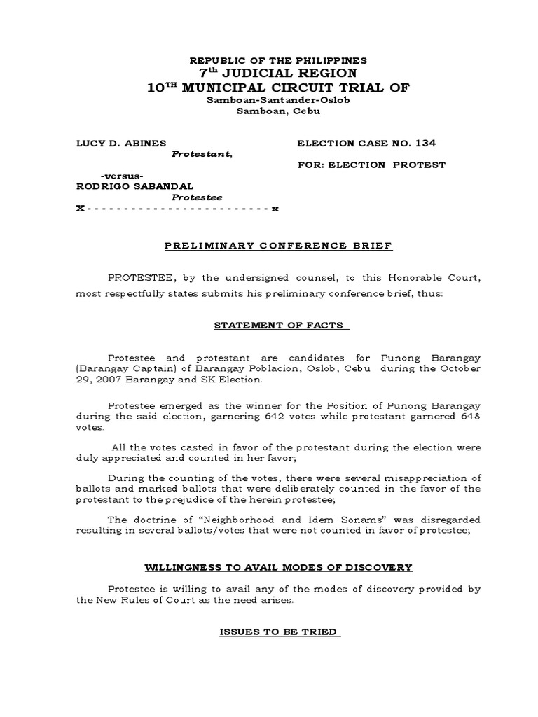 Preliminary Conference Brief for Election Case | PDF | Constitutional ...